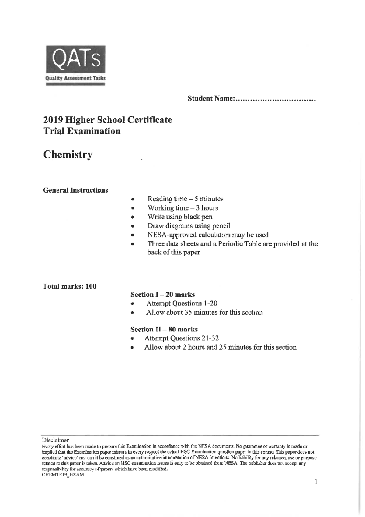 QATS 2019 exam - QATS 2019 exam - QATs Quality Assessment Tasks Student Name: 2019 Higher School ...