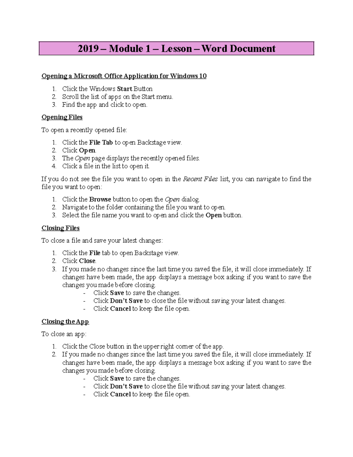 2019 - Module 1 - WORD - 2019 – Module 1 – Lesson – Word Document Opening a Microsoft Office ...