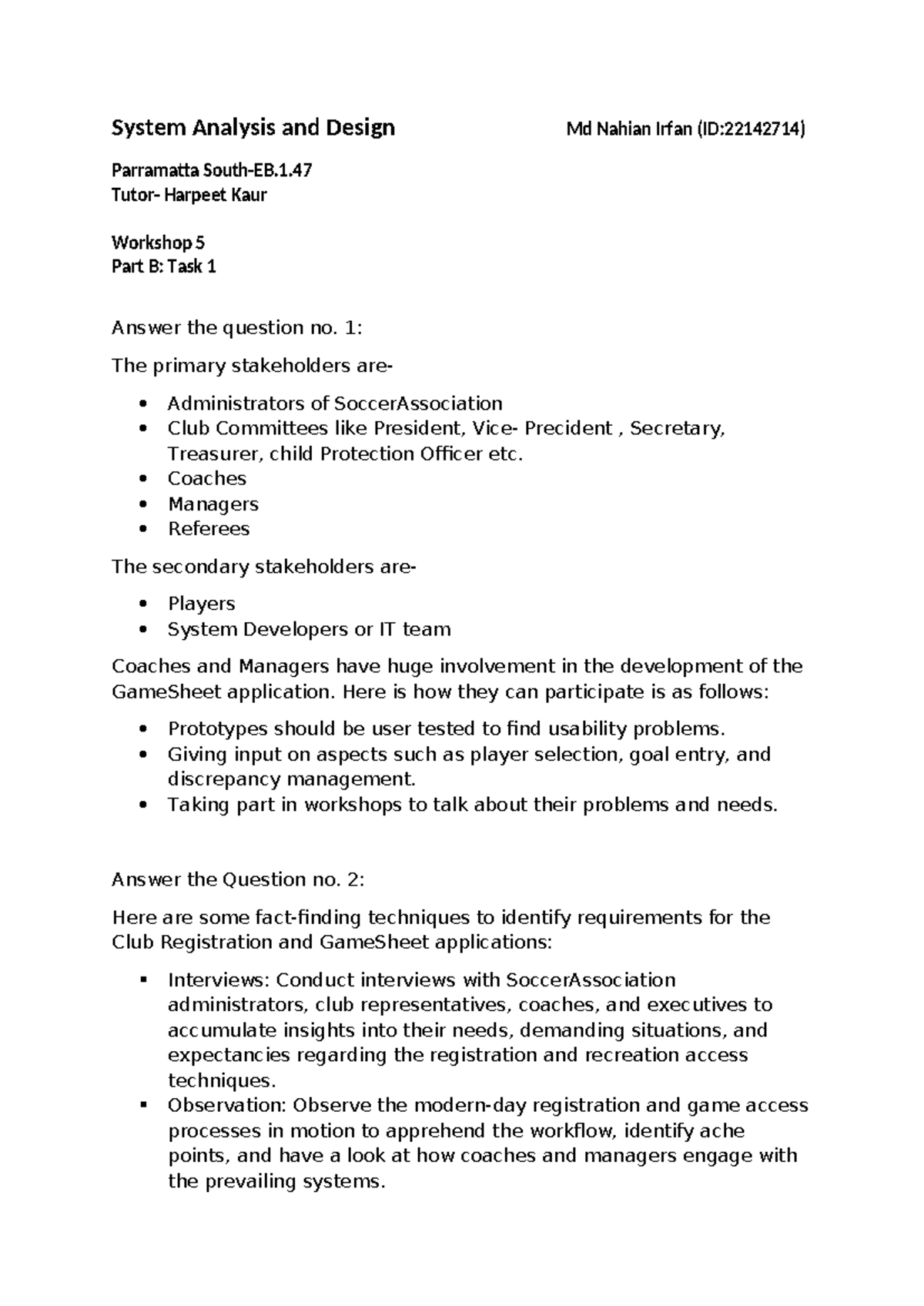 Workshop 5 SAAD - Tutorial class - System Analysis and Design Md Nahian ...