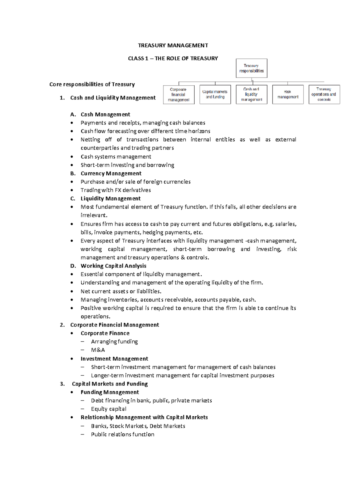 Treasury Management Summarize - TREASURY MANAGEMENT CLASS 1 – THE ROLE ...