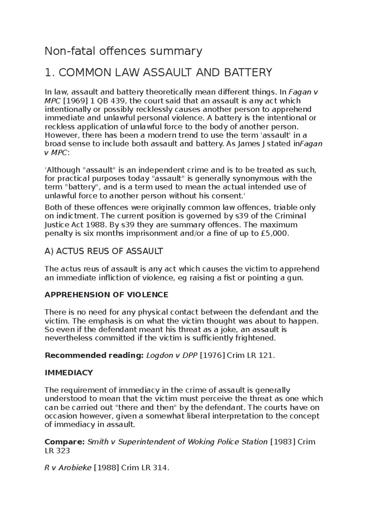 Non-fatal offences summary - offences summary 1. COMMON LAW ASSAULT AND ...