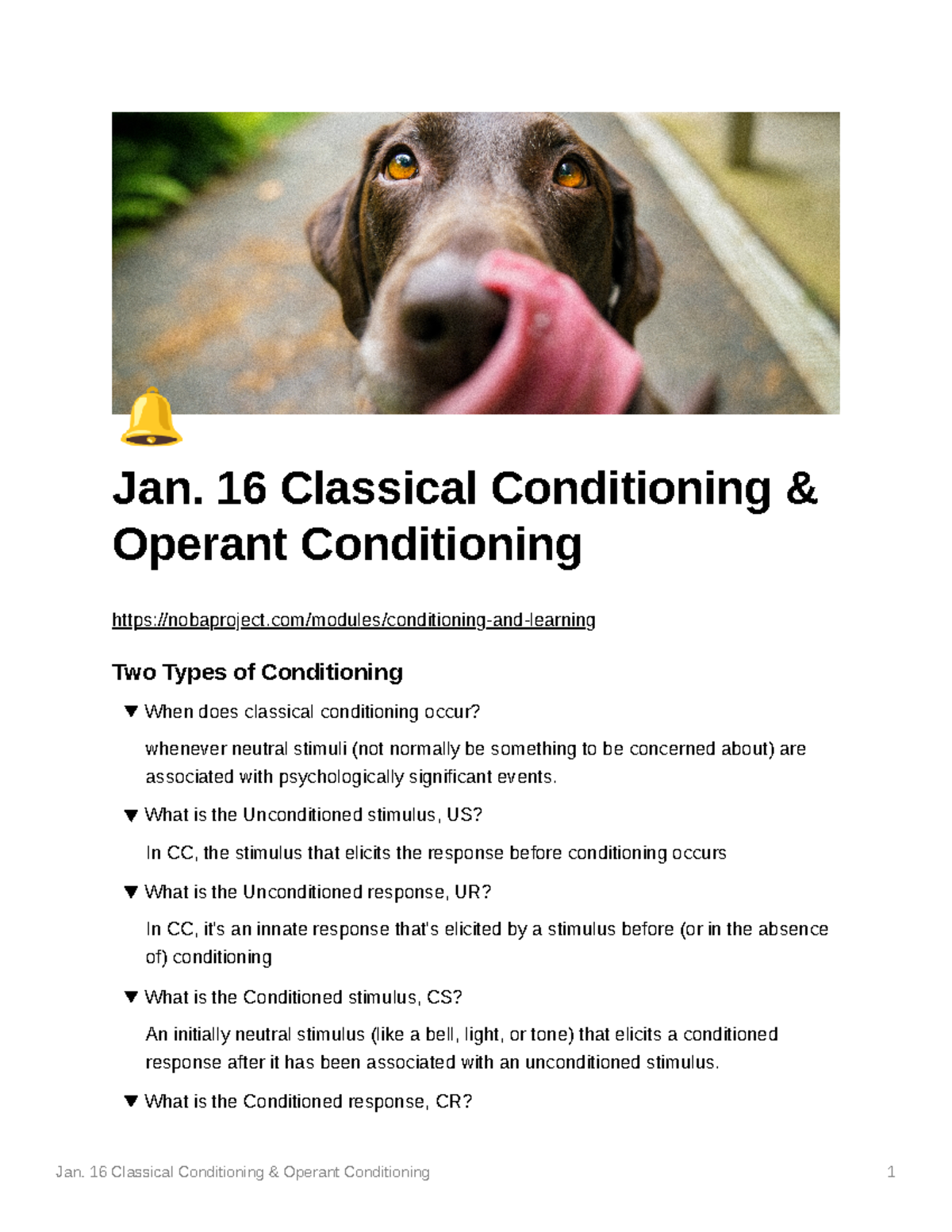 Jan - Taught by Daniel Willingham - 🔔 Jan. 16 Classical Conditioning ...