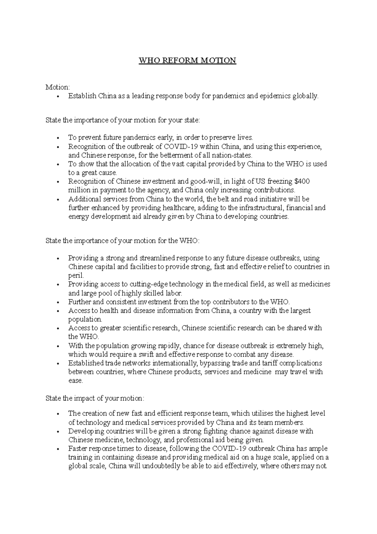 WHO Reform Notion - WHO REFORM MOTION Motion: Establish China as a ...