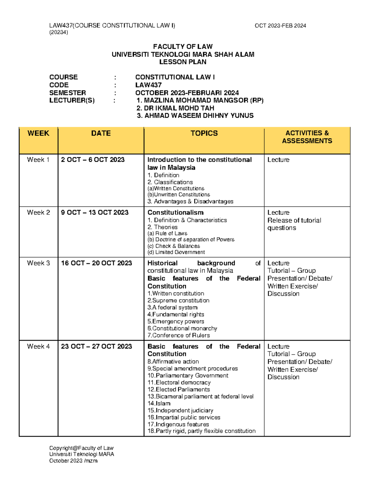 LAW437 Lesson PLAN October 2023 - (202 34 ) Copyright@Faculty of Law ...