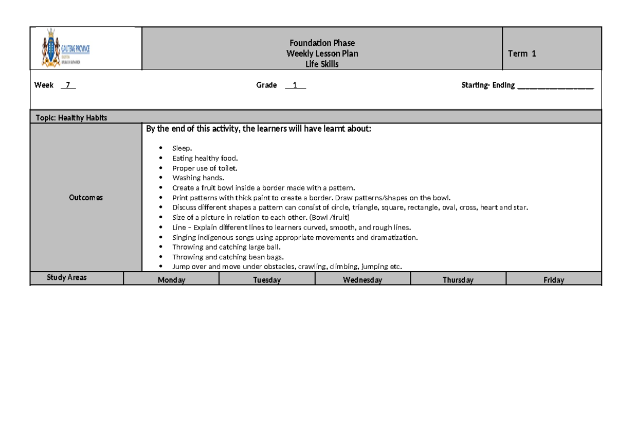 LIFE Skills Lesson Plans Grade 1 WEEK 7 - Foundation Phase Weekly ...