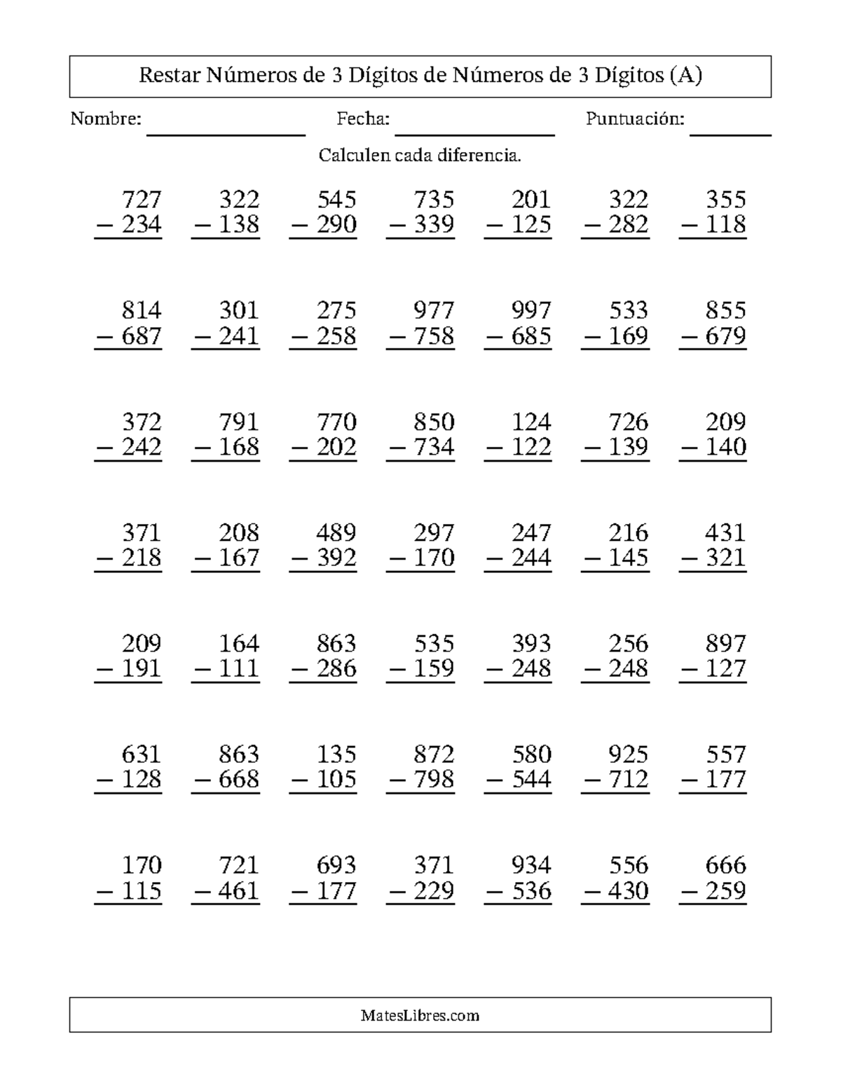 Practicas De ejercicios matemáticos - Restar Números de 3 Dígitos de ...
