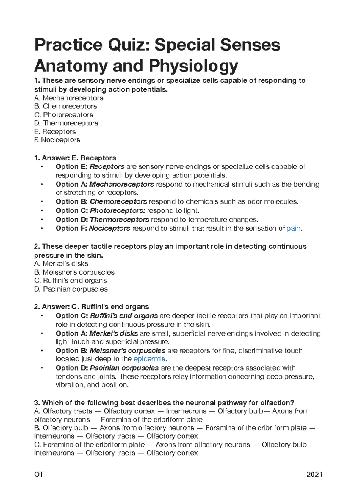 Special Senses Anatomy and Physiology - Practice Quiz - Practice Quiz ...