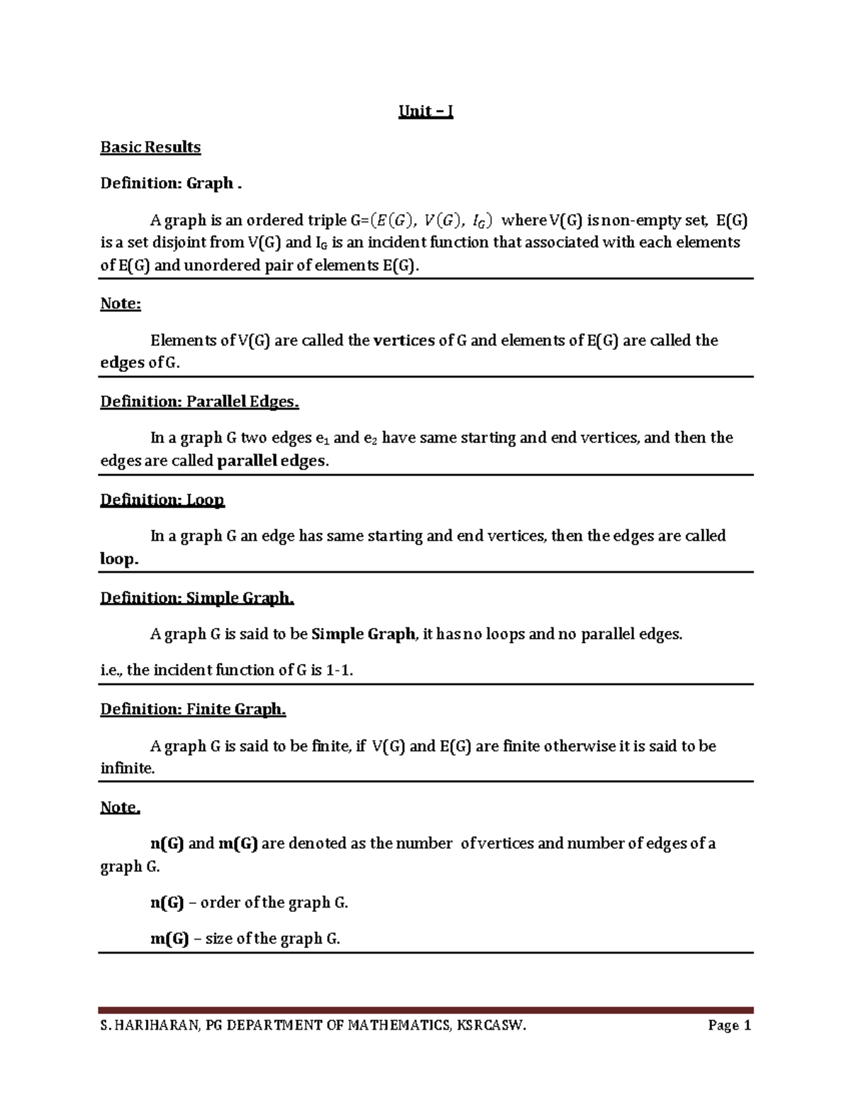 Unit 1 - unit 1 graph theory - Unit – I Basic Results Definition: Graph. A graph is an ordered ...