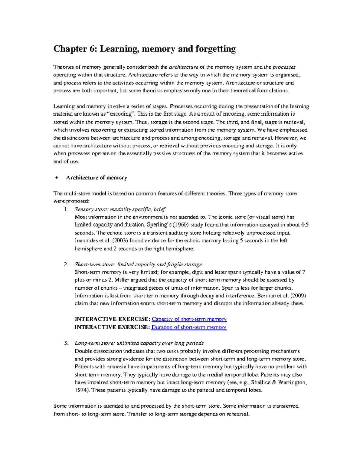 Chapter 6 summary - Cognitive Psychology - Chapter 6: Learning, memory ...