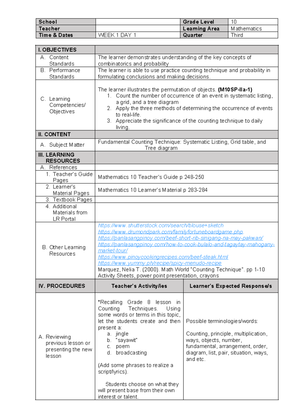 Daily Lesson Log Day 1 Math 10 - School Grade Level 10 Teacher Learning Area Mathematics Time ...