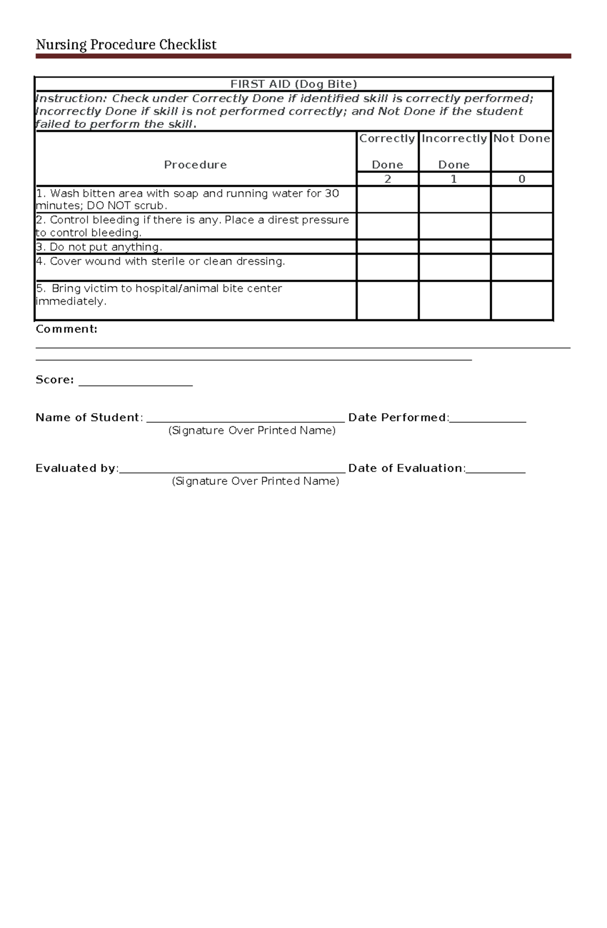 Dog-Bite-Checklist - For lab activities - Nursing Procedure Checklist ...