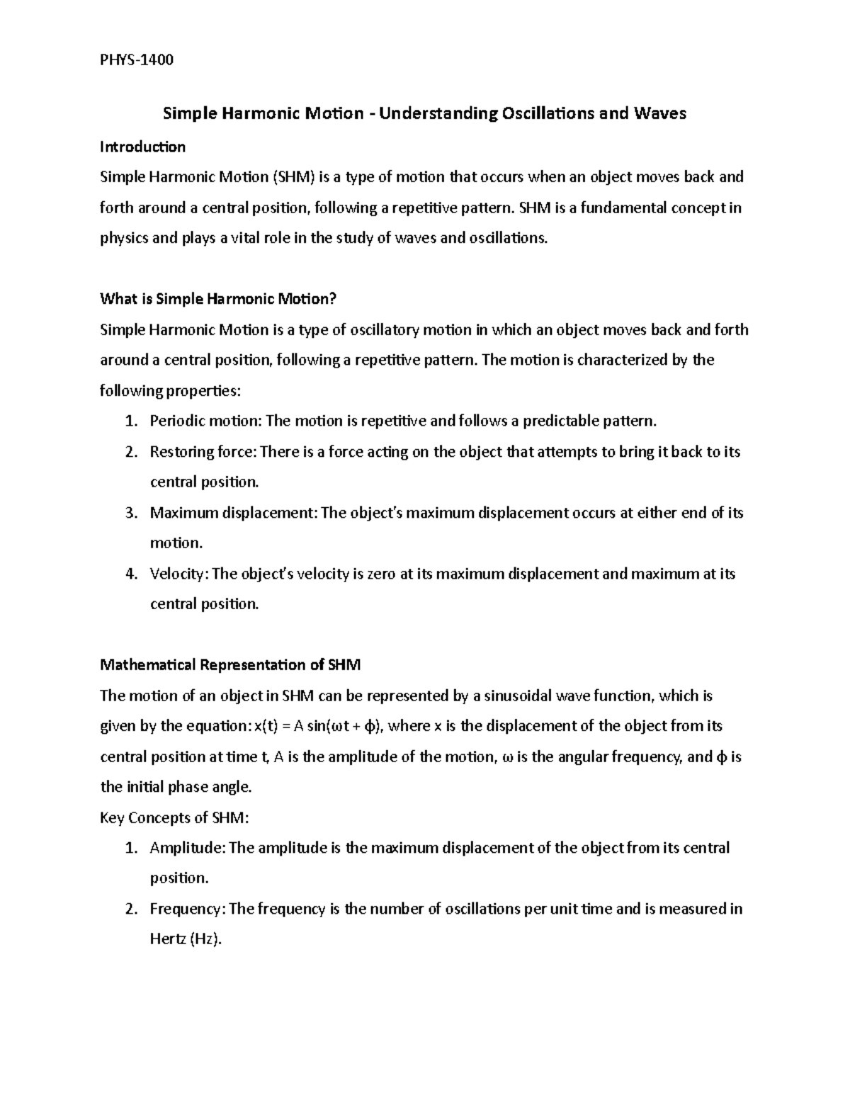 Simple Harmonic Motion - PHYS- Simple Harmonic Motion - Understanding Oscillations and Waves ...