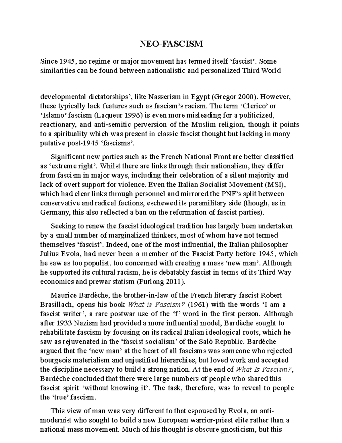 Neo-Facist - Lecture notes in Neo-Facist - NEO-FASCISM Since 1945, no ...