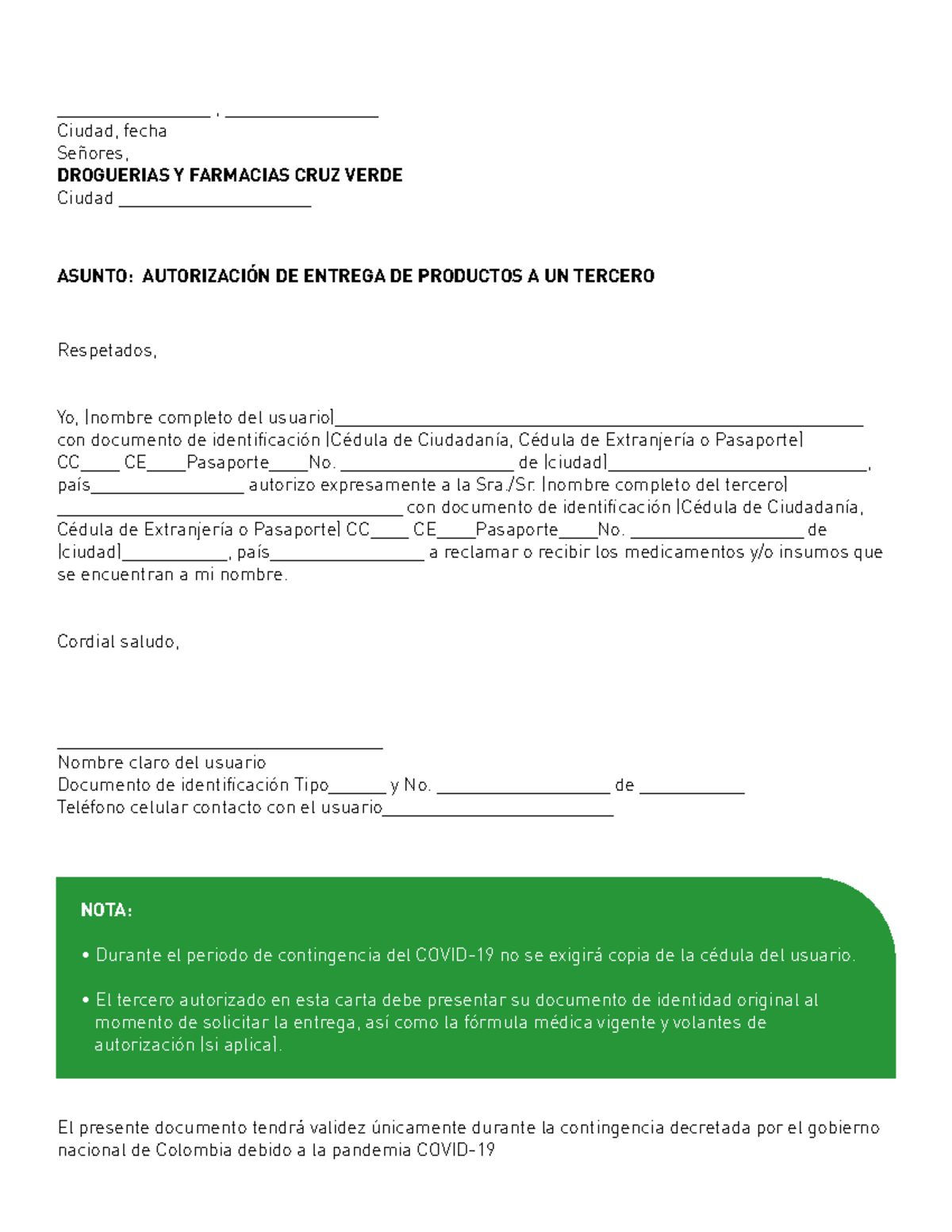Cruz verde Formato Carta Autorizacion - Respetados, Yo, (nombre ...