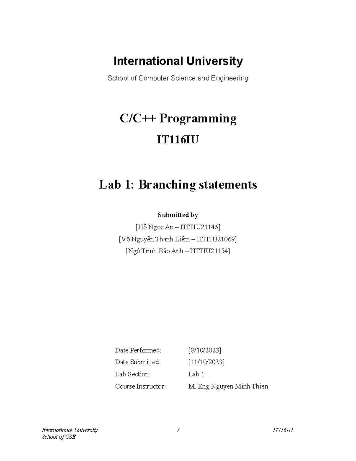 Lab Report Template For IT - International University School of ...