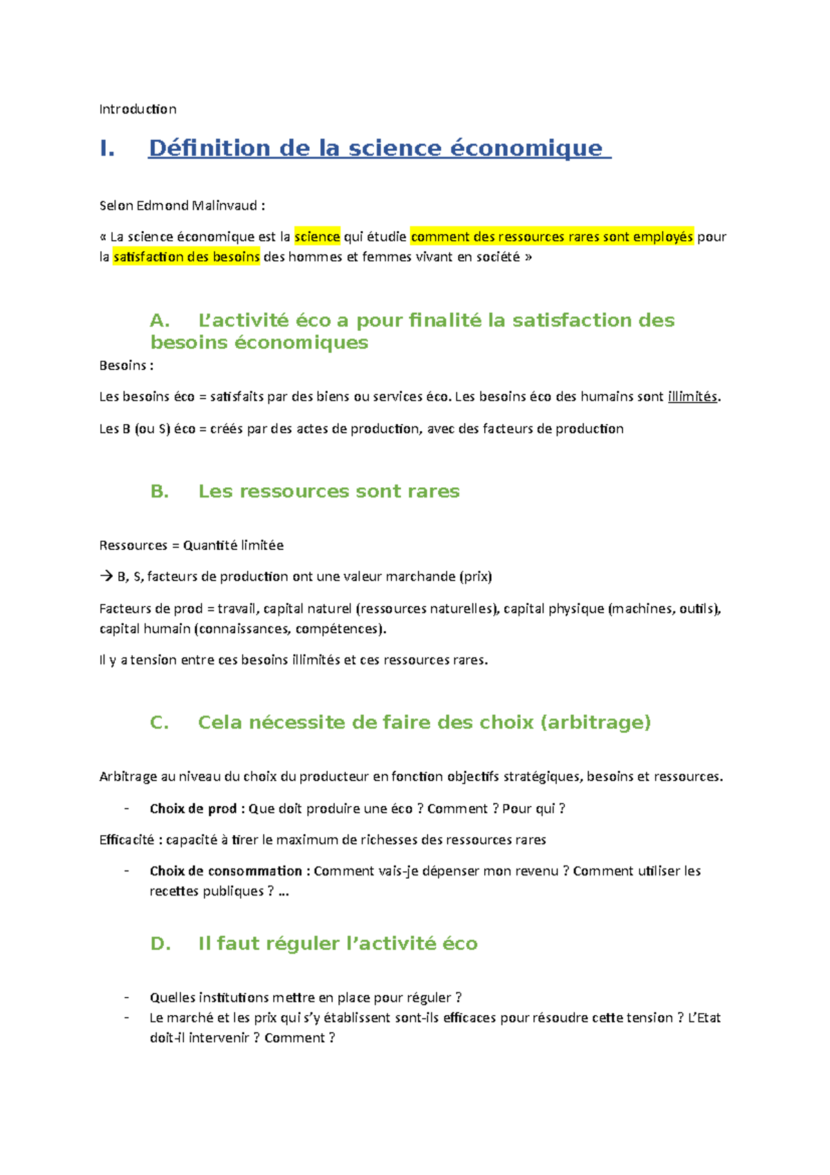 Cours-économie - Notes de cours 1 - Introduction I. Définition de la ...