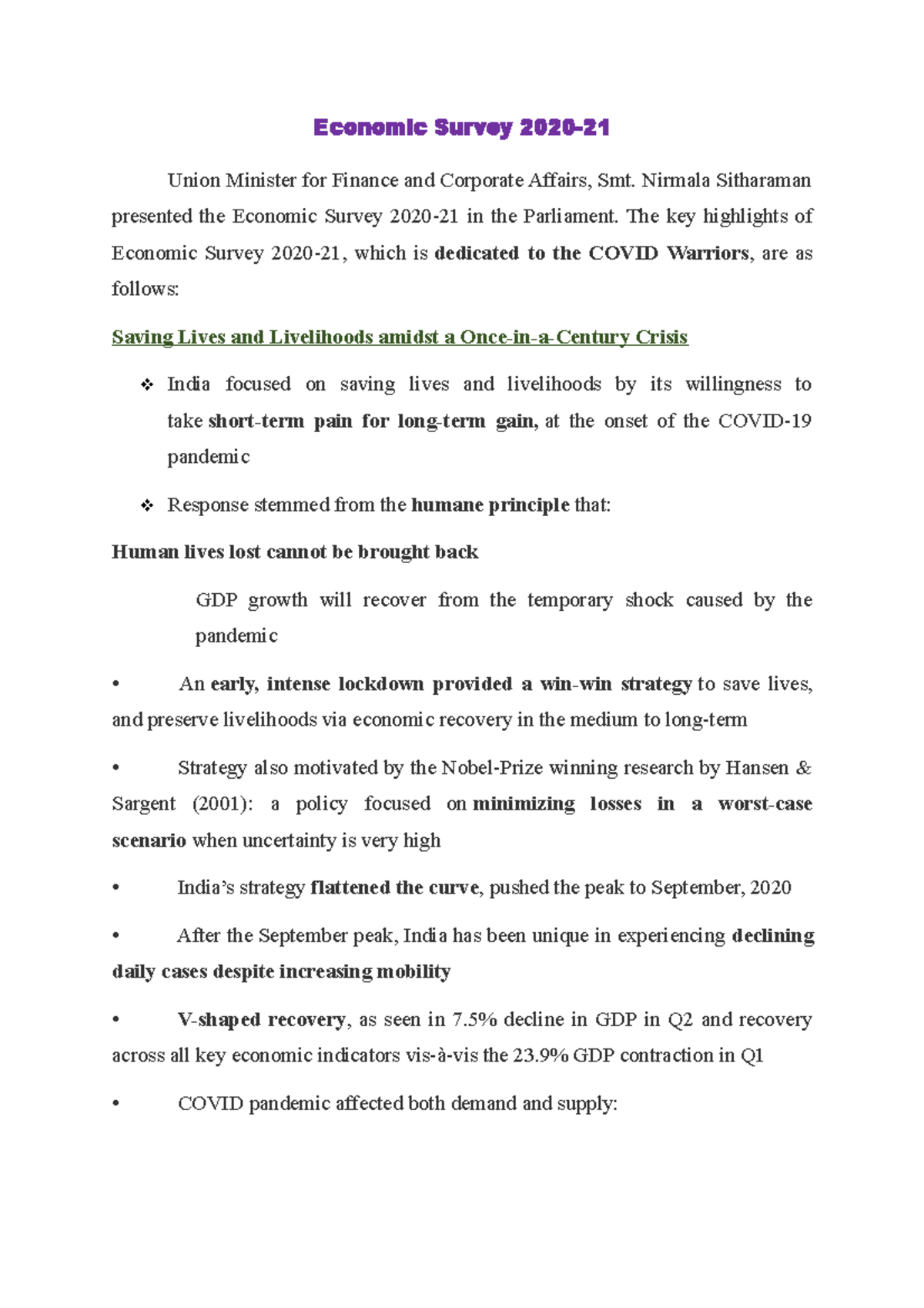 Economic Survey 2020-21 - Economic Survey 2020- Union Minister for ...