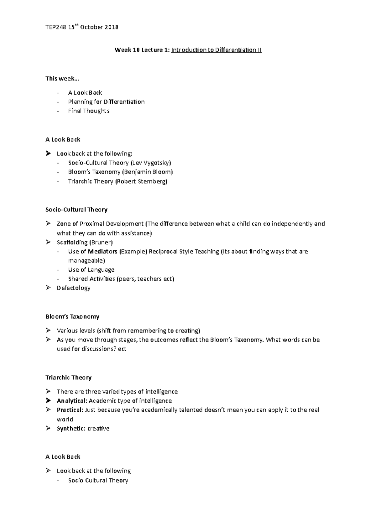 TEP248 Wk10 L1 - Detailed lecture notes - Week 10 Lecture 1 ...