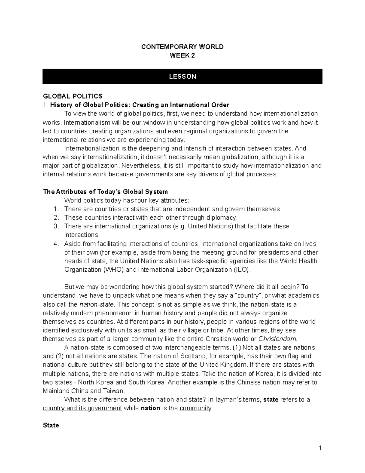 WK2 - Global Politics - CONTEMPORARY WORLD WEEK 2 LESSON GLOBAL ...