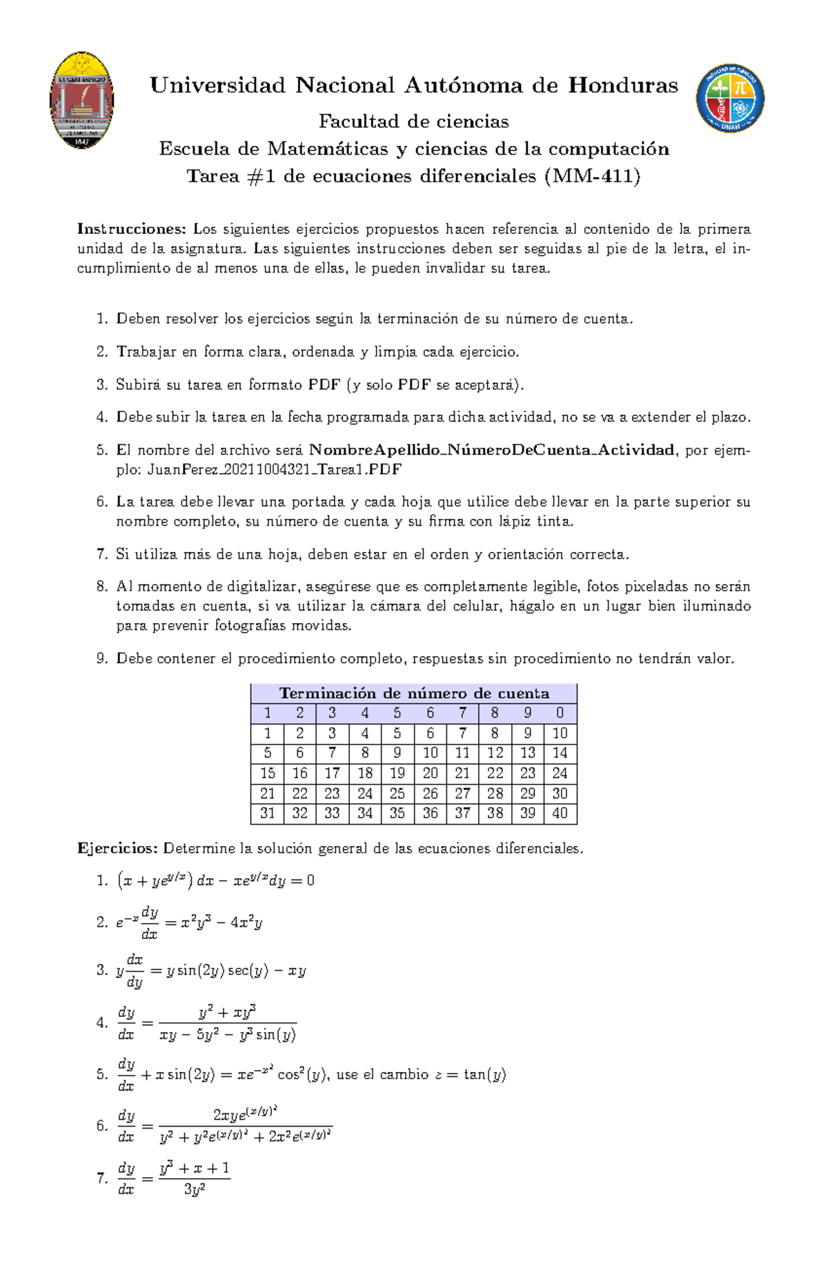 Tarea 1 de ecuaciones diferenciales, guia de ejercicios - Universidad Nacional Aut ́onoma de ...