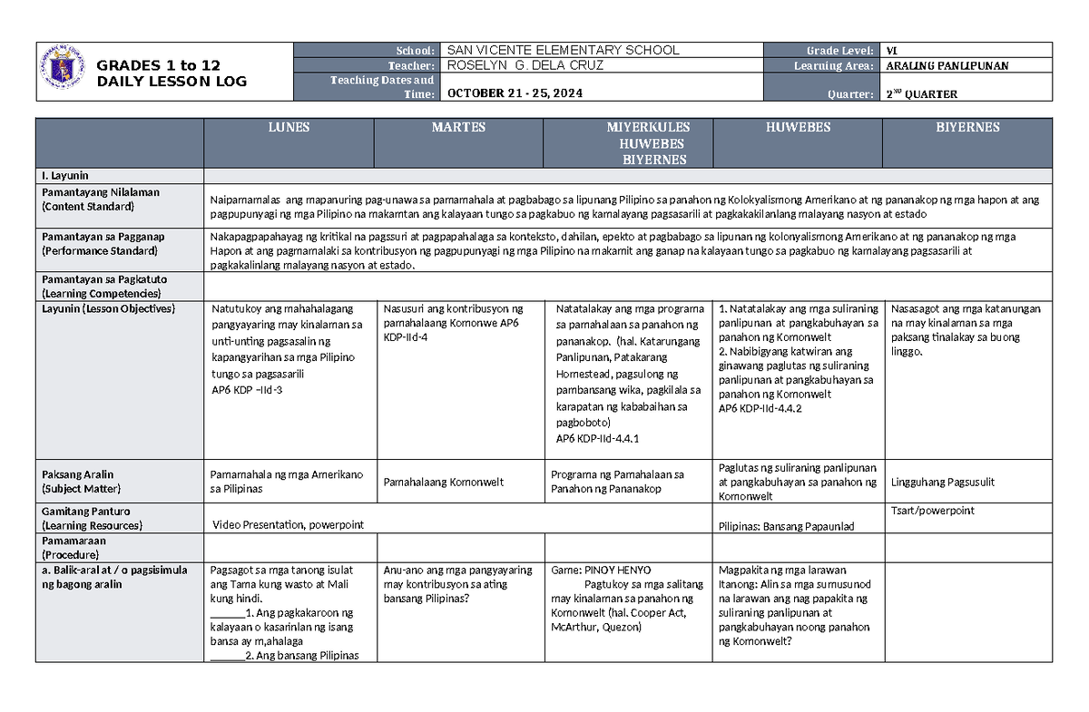 DLL Araling Panlipunan 6 Q2 W4 - GRADES 1 to 12 DAILY LESSON LOG School: SAN VICENTE ELEMENTARY ...