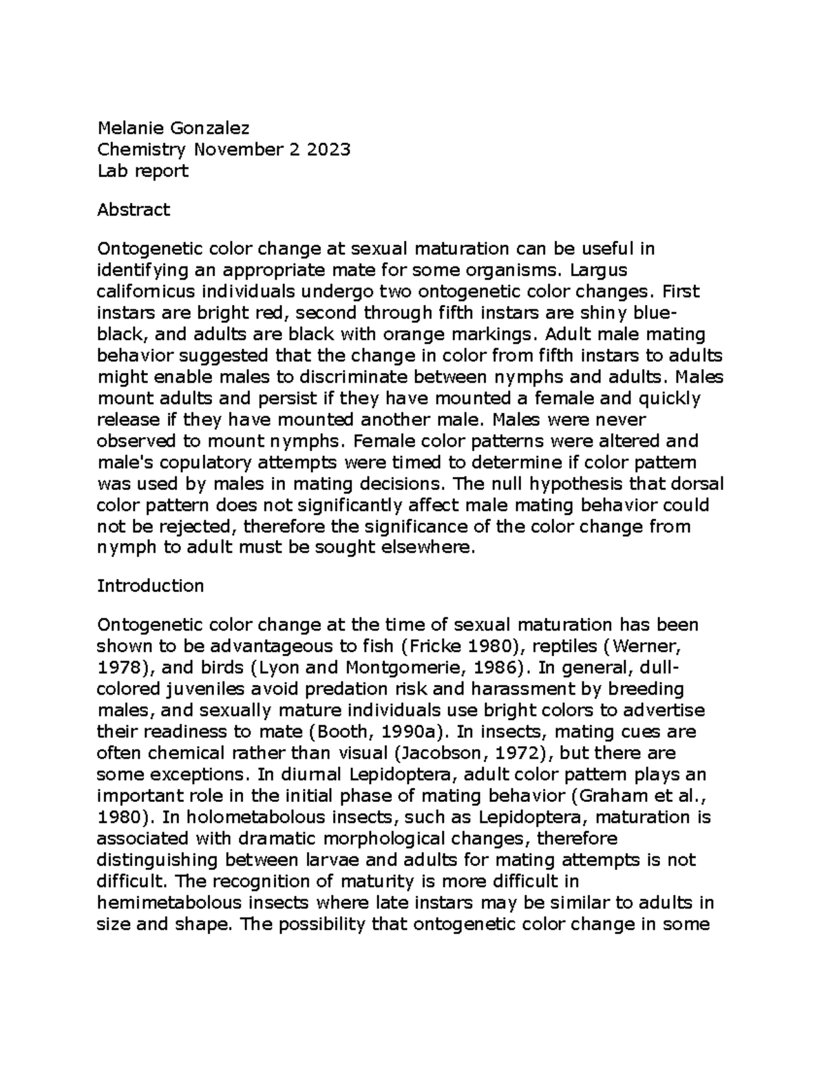 Chemistry - Melanie Gonzalez Chemistry November 2 2023 Lab report ...