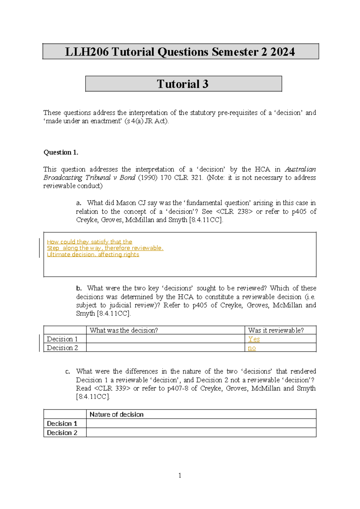 24LLH206 Tutorial 3 Class Document 0224 v2 - LLH206 Tutorial Questions Semester 2 2024 Tutorial ...