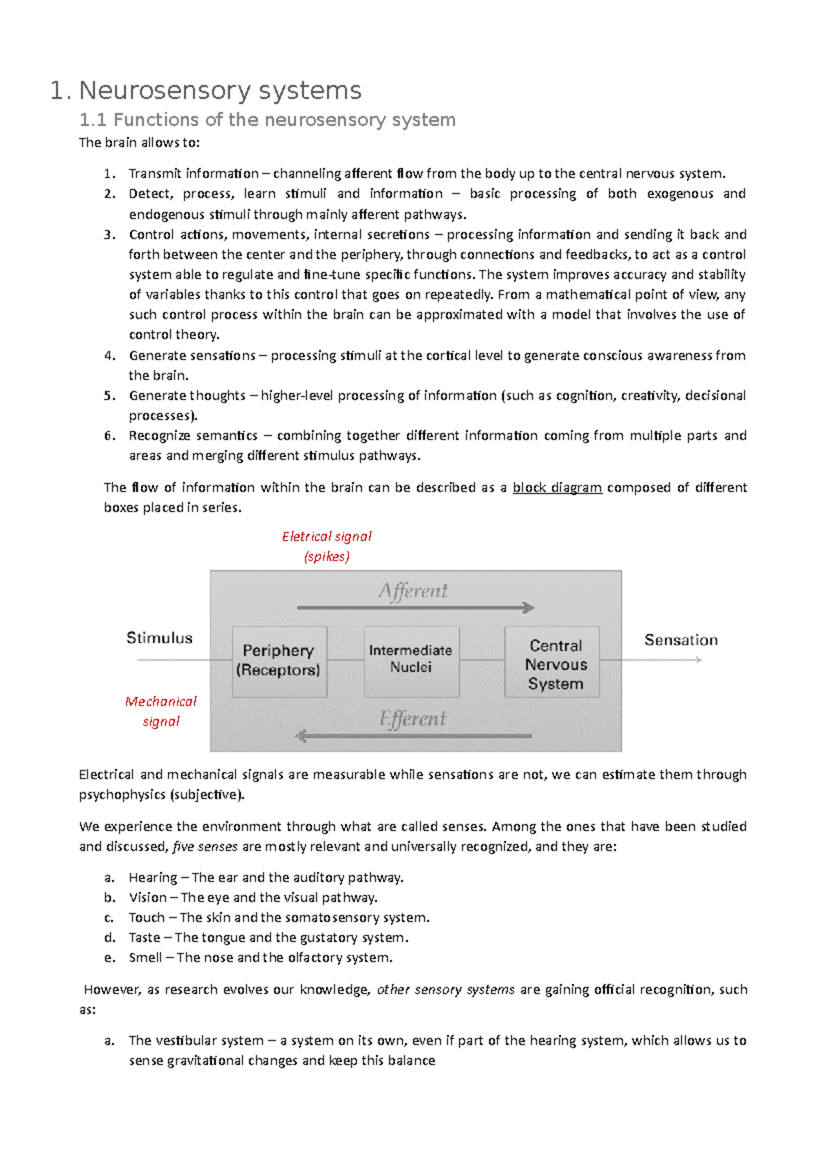 Bioengineering of the Neurosensory systems part 1 - 1. Neurosensory ...