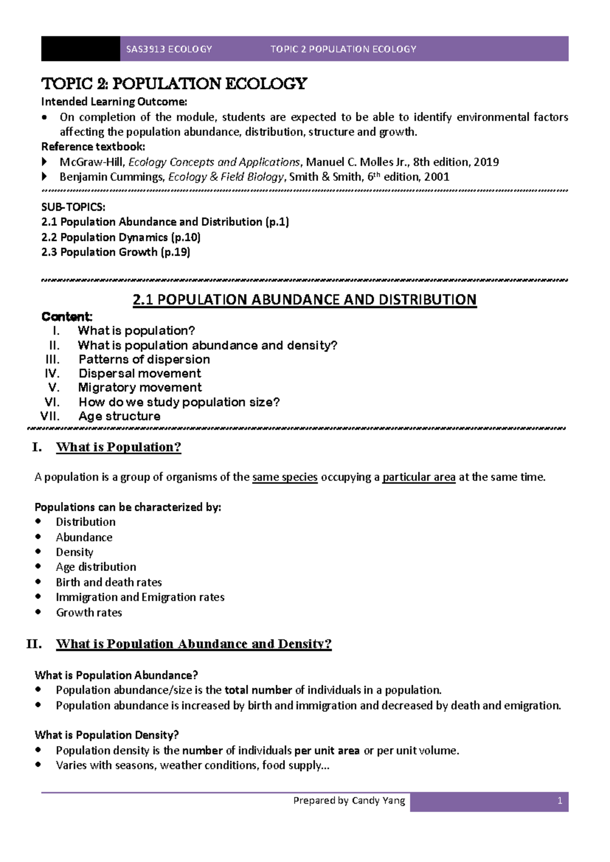 Topic 2 Population Ecology 24-25 - TOPIC 2 : POPULATION ECOLOGY ...