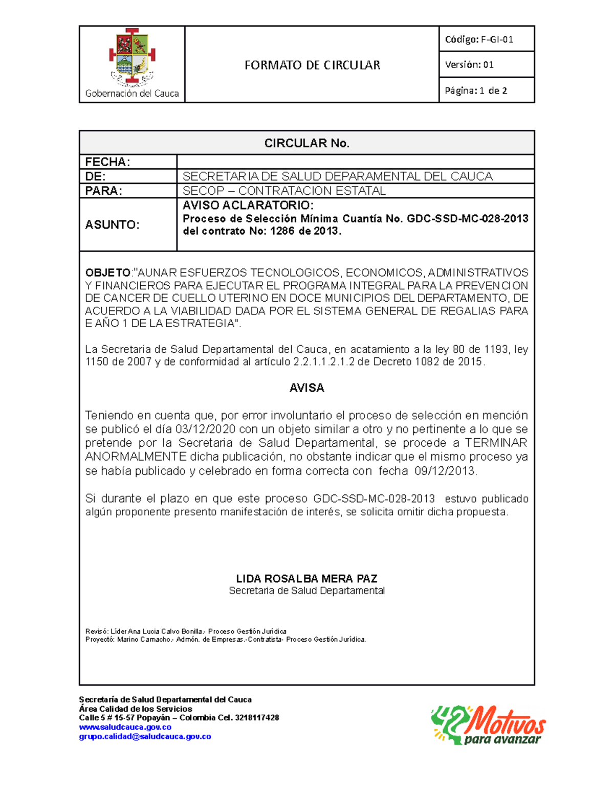 Formato circular - FORMATO DE CIRCULAR Código: F-GI- Versión: 01 Página ...
