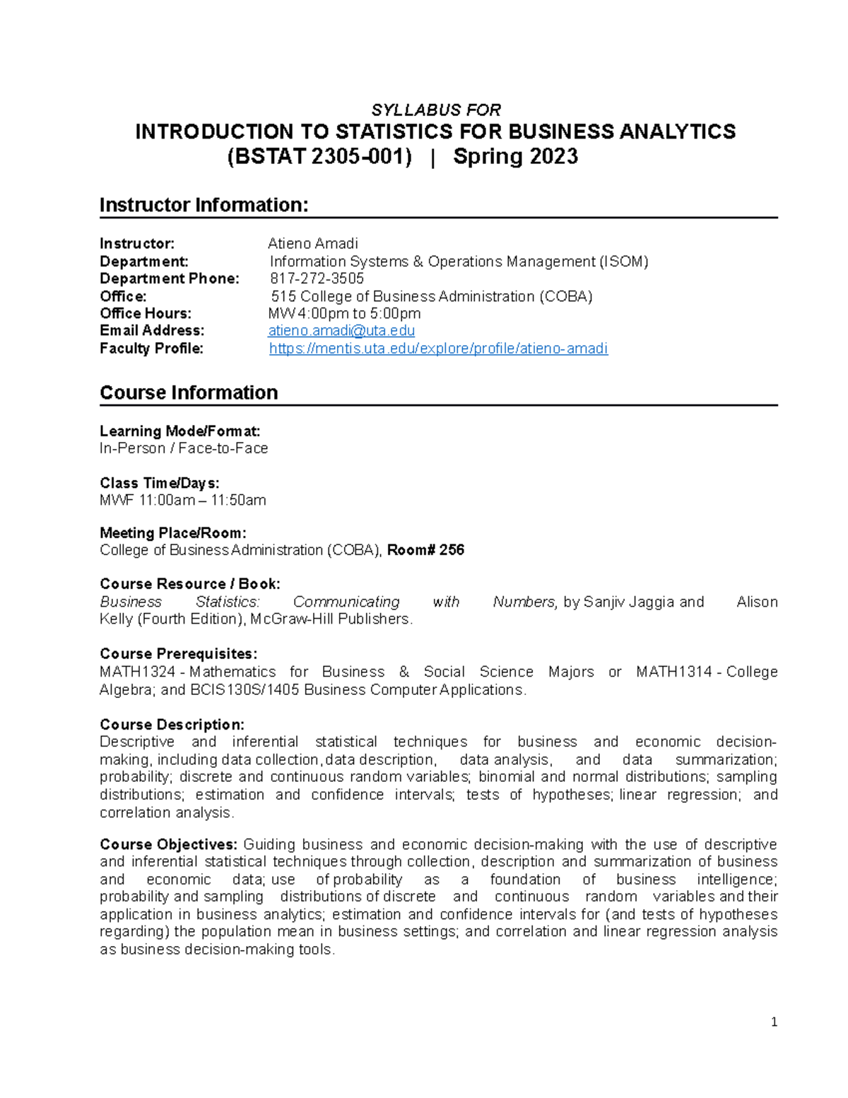 2023- Spring 2232- Bstat-2305-001 - SYLLABUS FOR INTRODUCTION TO STATISTICS FOR BUSINESS ...