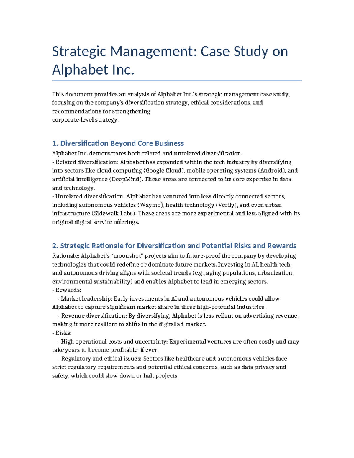 Alphabet Inc Strategic Management Analysis - Strategic Management: Case ...