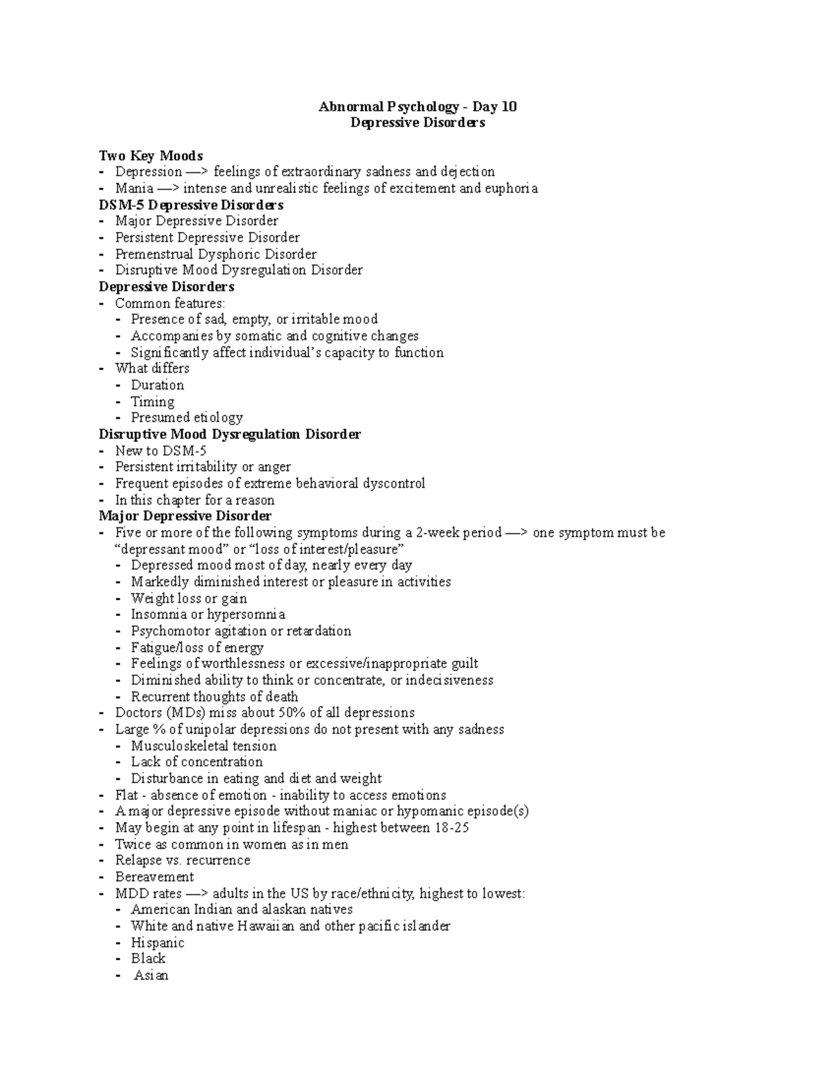 Abnormal Psych - Day 10 - Lecture notes 10 - Abnormal Psychology - Day ...