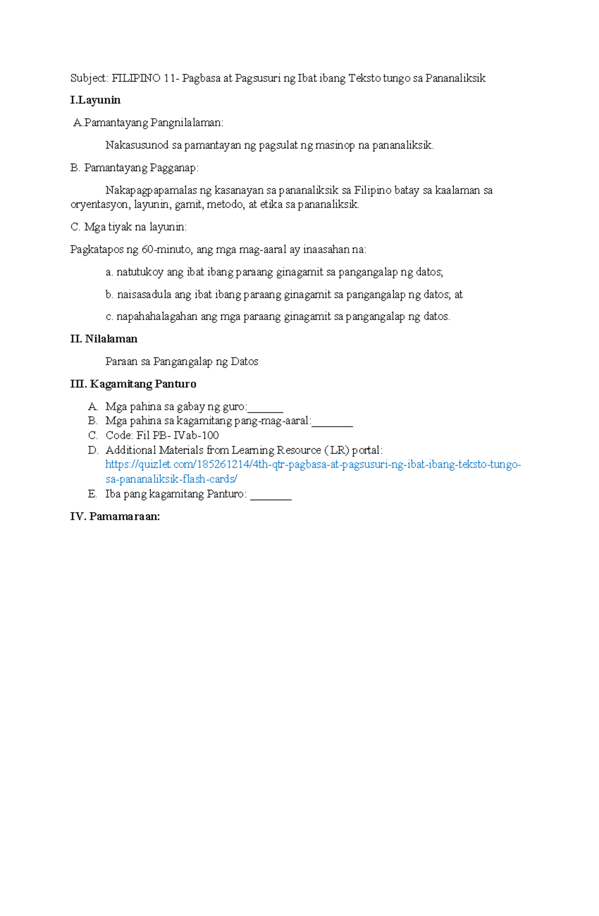 Detailed Lesson Plan guide - Subject: FILIPINO 11- Pagbasa at Pagsusuri ...