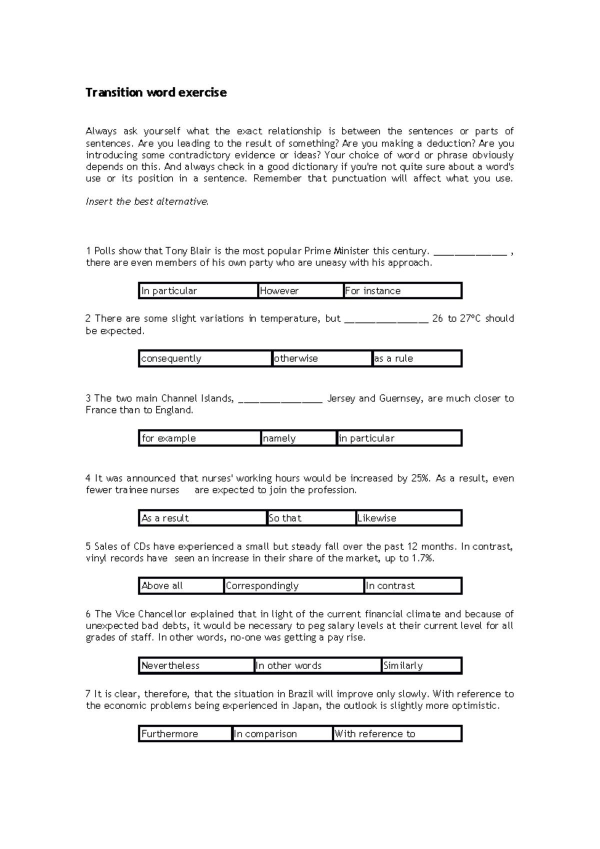 Transition WORD Exercise - Transition word exercise Always ask yourself ...