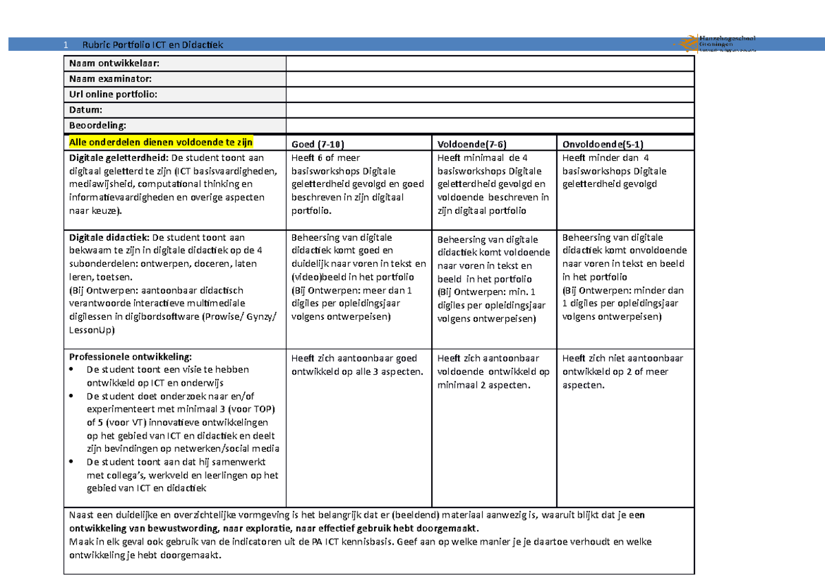 Rubric ICT portfolio 2020-2021 - 1 Rubric Portfolio ICT en Didactiek ...