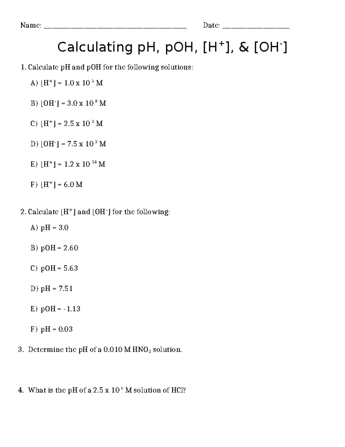 P H and p OH Practice - how to calculate it - Name: - Studocu