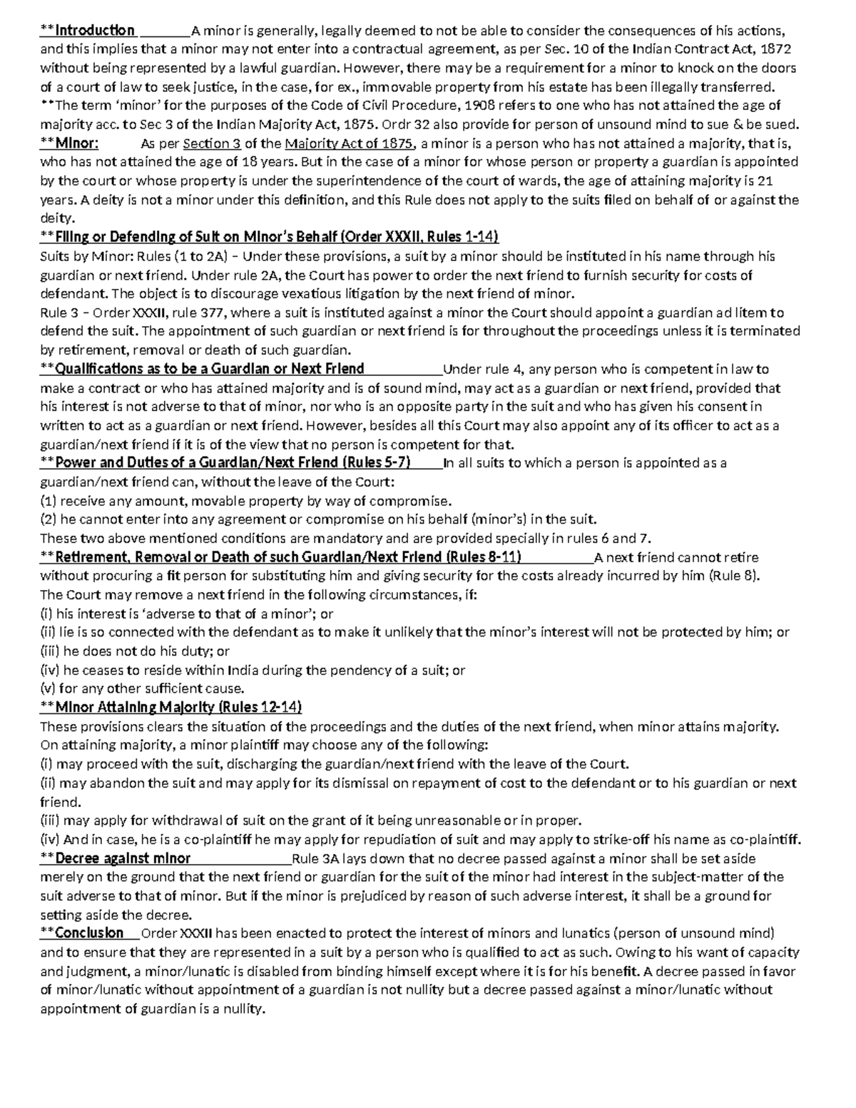 4. Minor - BY OR Against - **Introduction A minor is generally, legally ...