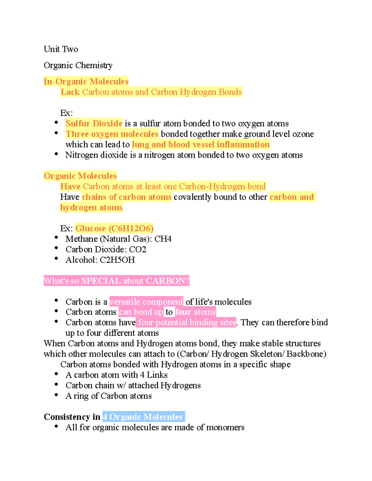 Unit Three Basic Chemistry - BIO 103 - Unit Two Organic Chemistry In ...