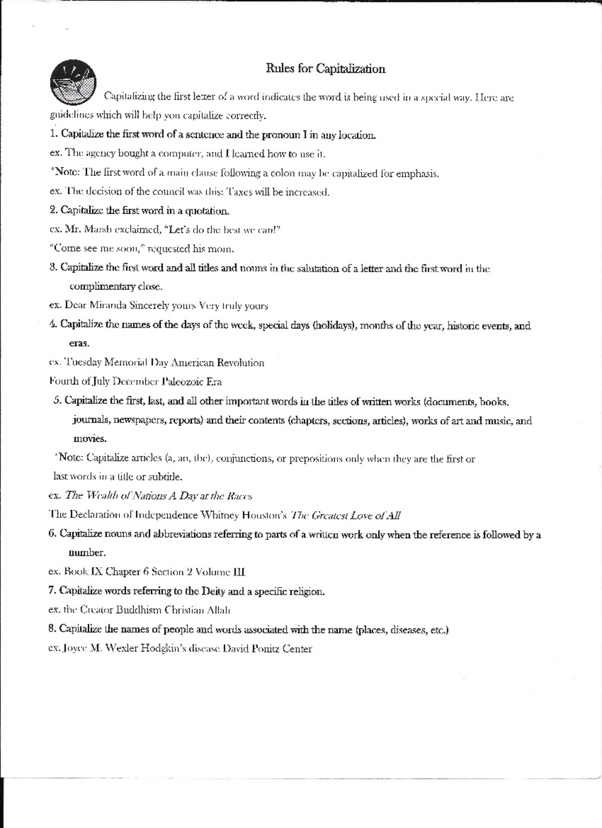 English 101 - Lecture notes 1 - t I, a Rules for Capitalization : ‘fl ...