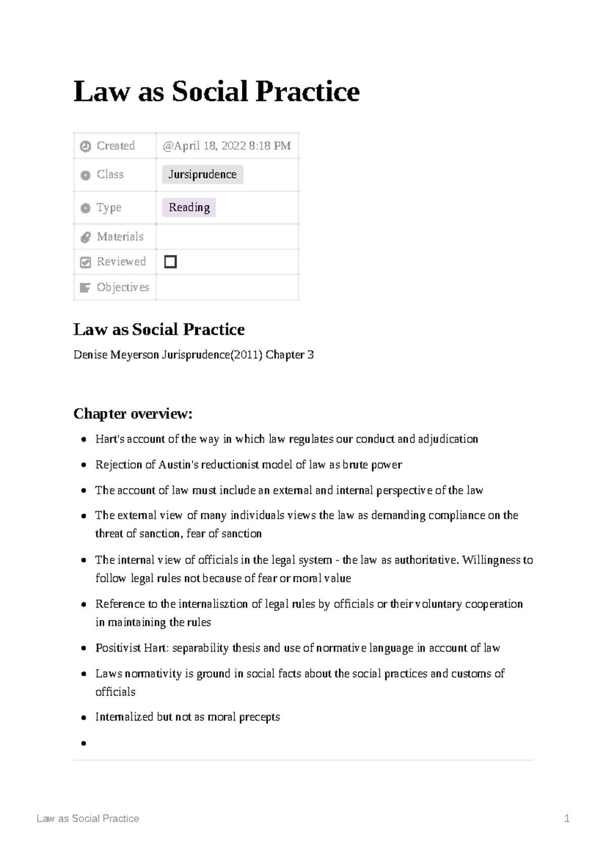 Denise Meyerson Jurisprudence 2011 - Law as Social Practice (Ch3 ...