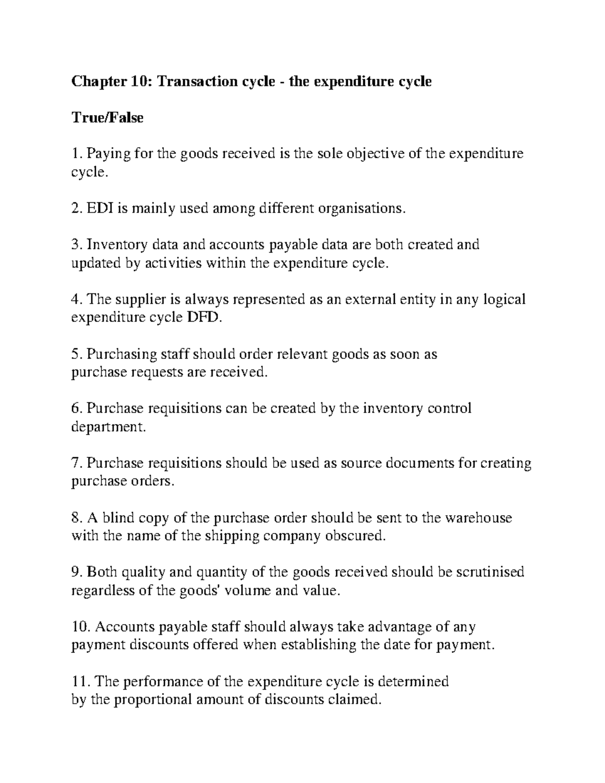 4-Expenditure Cycle test bank - Chapter 10: Transaction cycle - the ...