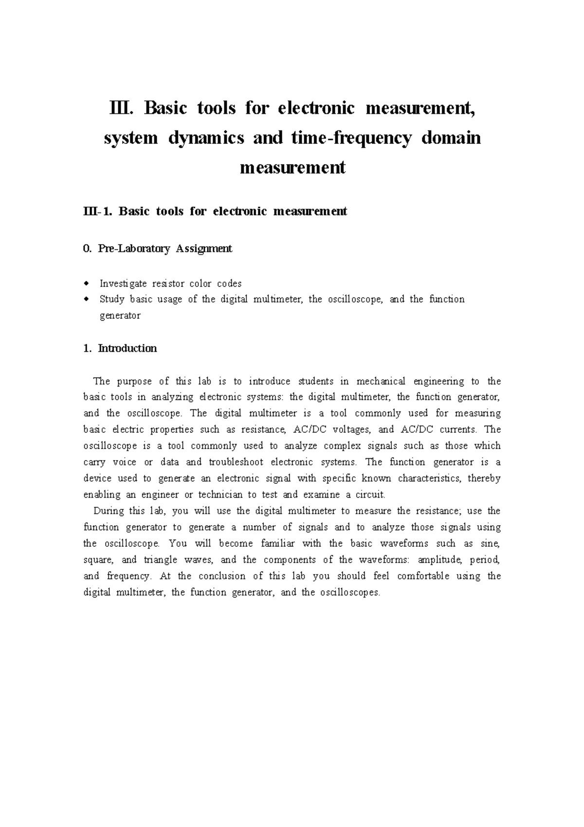 Frequency experiment manual - III. Basic tools for electronic measurement, system dynamics and ...