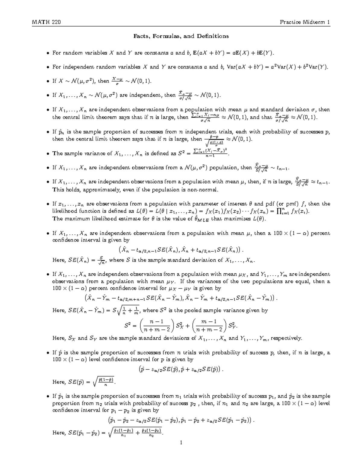 220Practice Exam 2Formula Sheet - MATH 220 Practice Midterm 1 Facts, Formulas, and Definitions ...