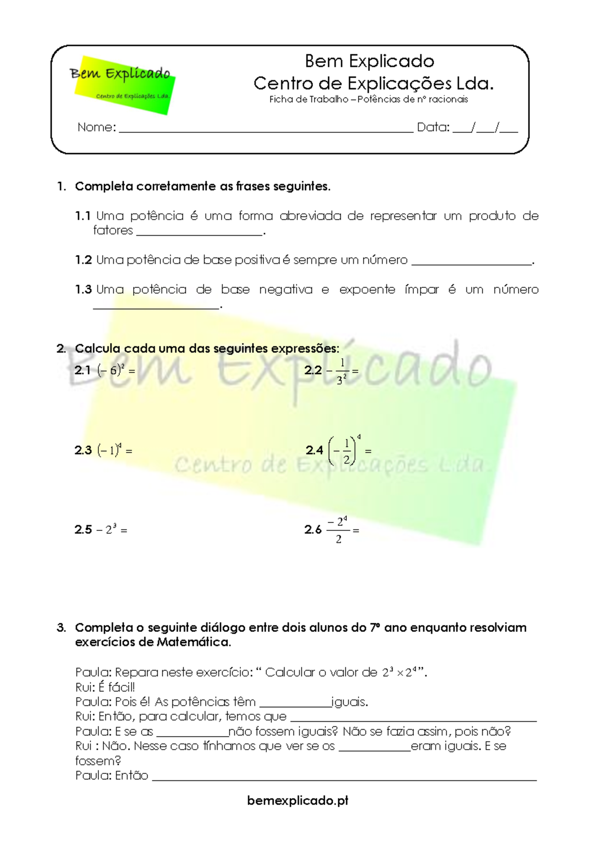 1 6 Ficha De Trabalho Potências De Nº Racionais Bemexplicado Bem
