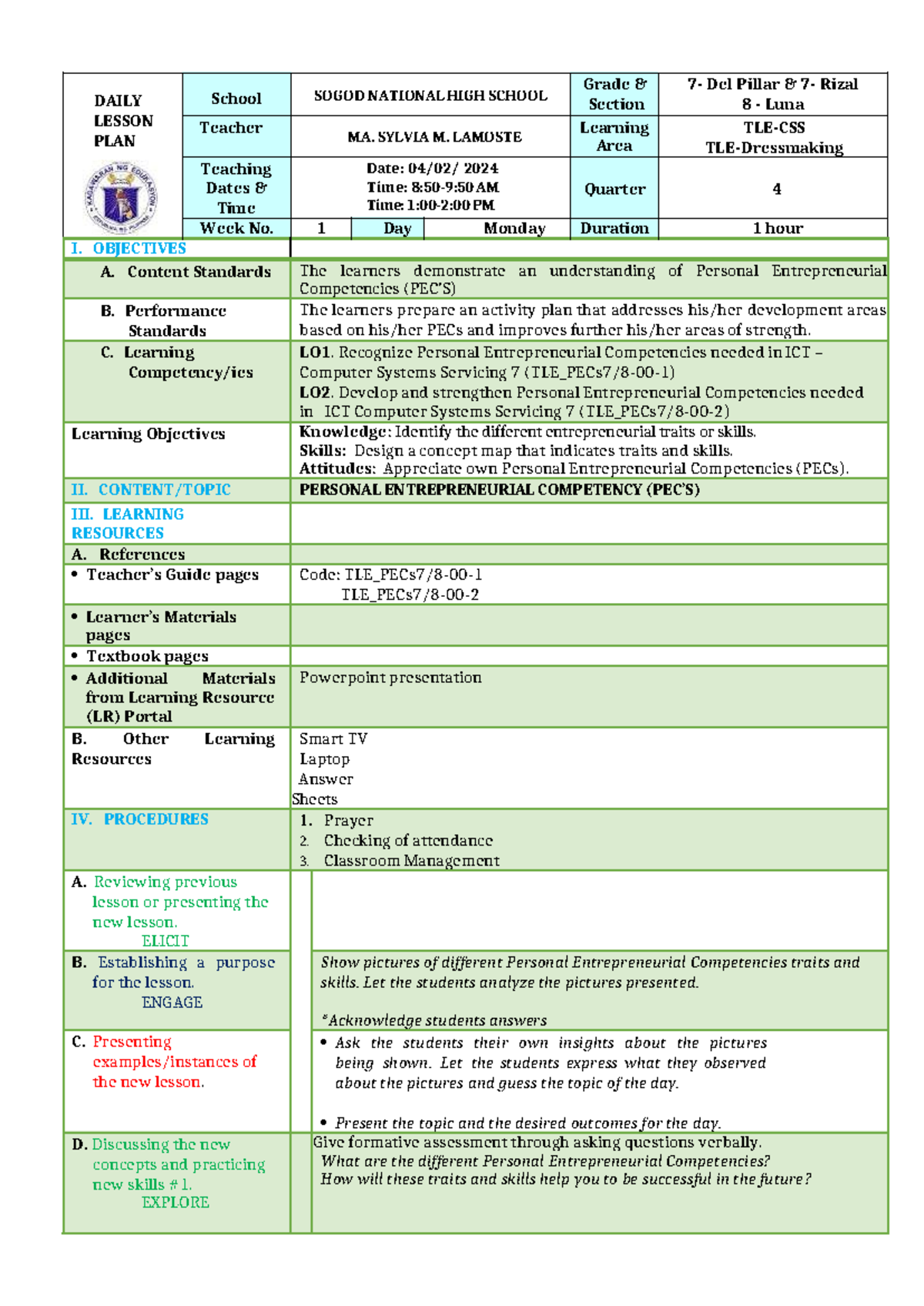 1 LP-CSS & Dressmaking (PECs) - DAILY LESSON PLAN School SOGOD NATIONAL ...