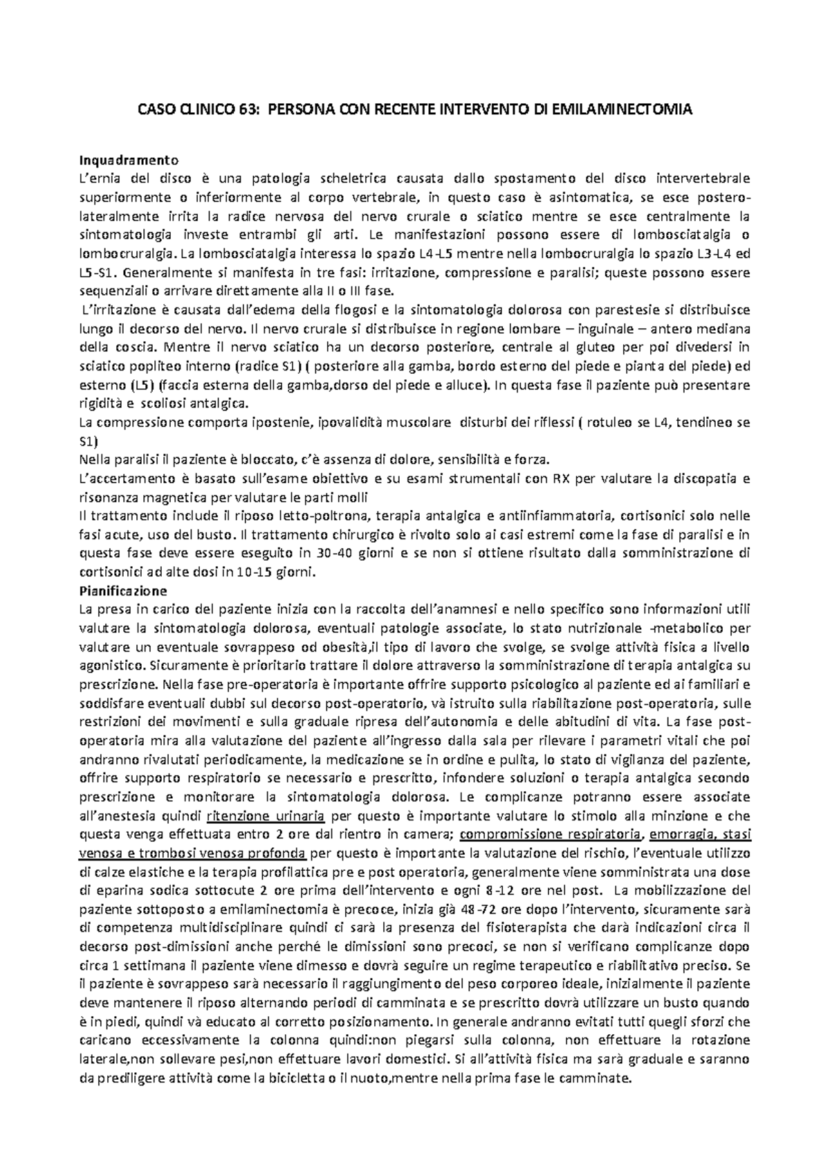 caso x esercitazione esame finale - CASO CLINICO 63 : PERSONA CON RECENTE INTERVENTO DI - Studocu