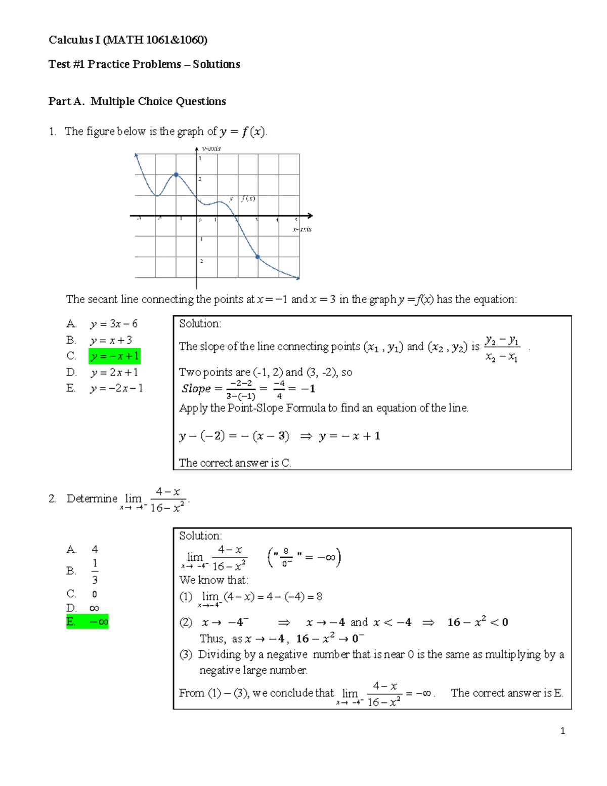 Test 1 Practice Problems Solutions - Calculus I (MATH 1061&1060) Test ...