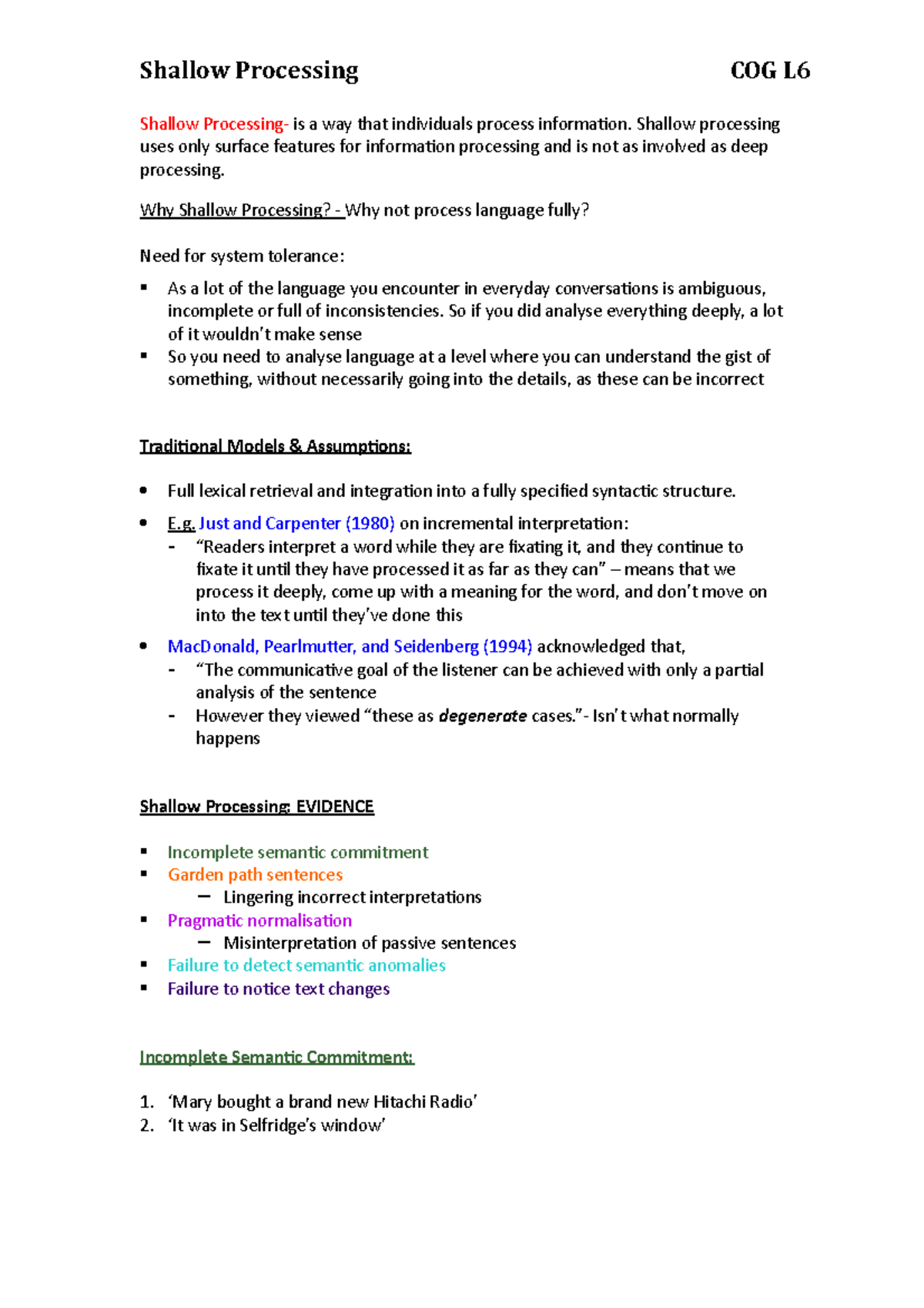 COG L6 - Lecture notes 6 - Shallow Processing- is a way that ...