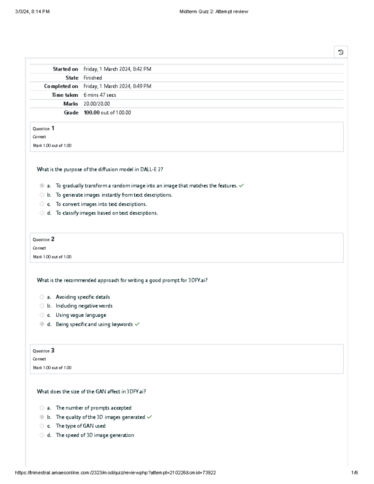 Midterm Quiz 2 Attempt review - Started on Friday, 1 March 2024, 8:42 PM State Finished ...